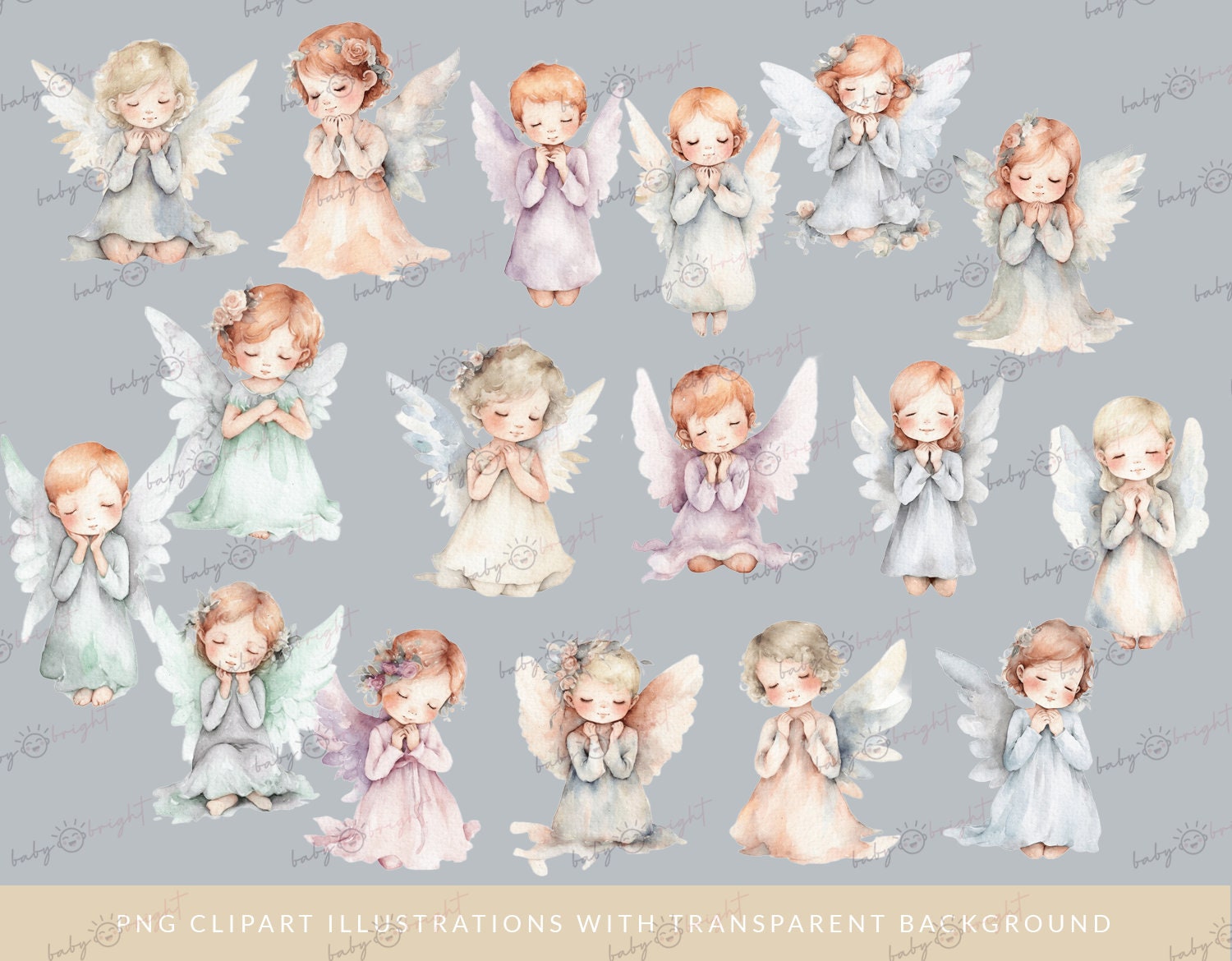 Set of Clipart Illustrations of Pastel Angels, Watercolor With Angels ...