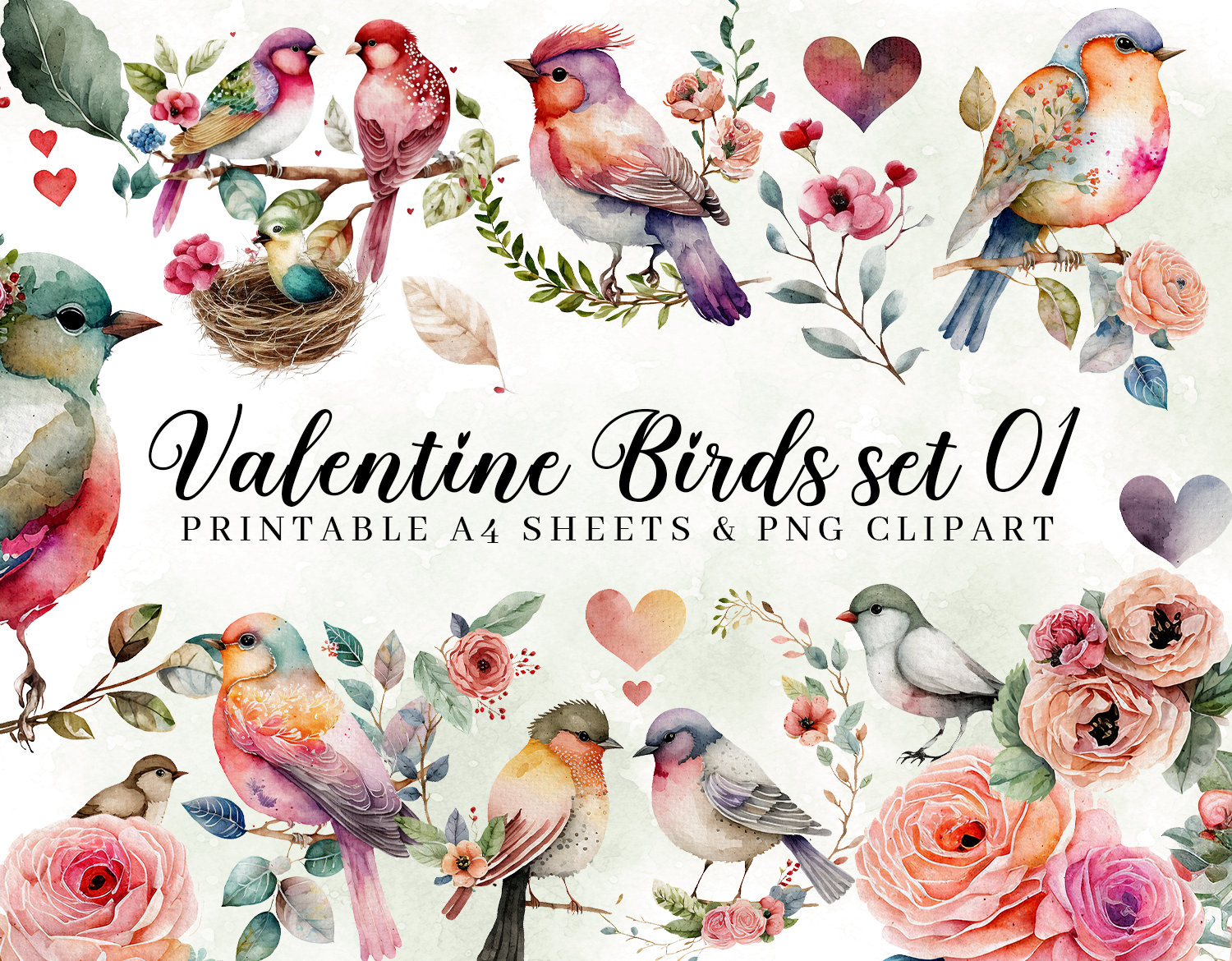 Valentines Birds 01 A Set of Printable Sheets Digital File - Etsy