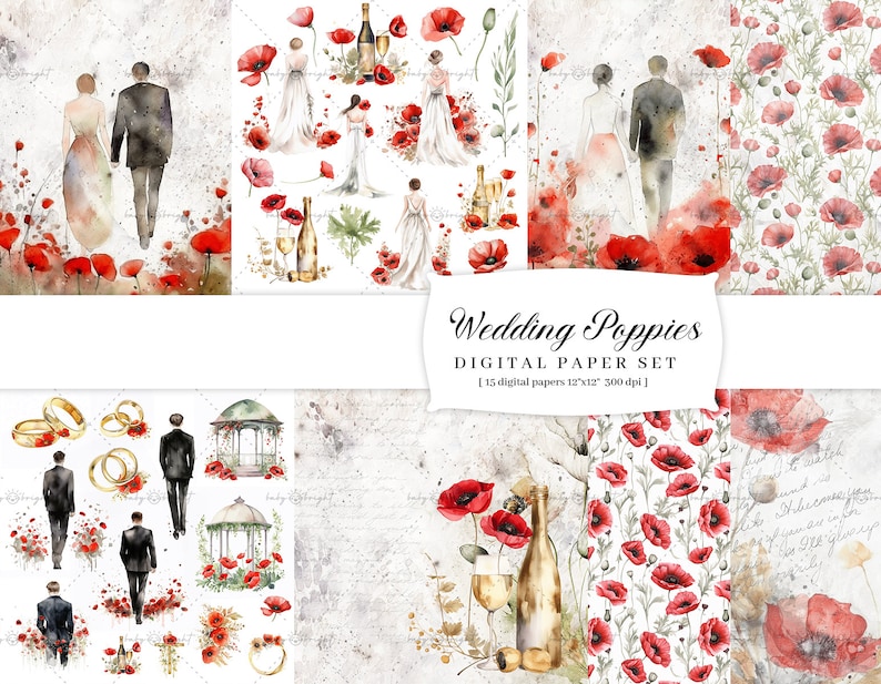 Red Poppies Wedding Wedding Bride, Bride, Groom, Flowers, Cake Set of ...