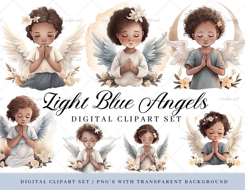 Light Blue Angels Dark Skin Illustration Clipart Set PNG With No ...
