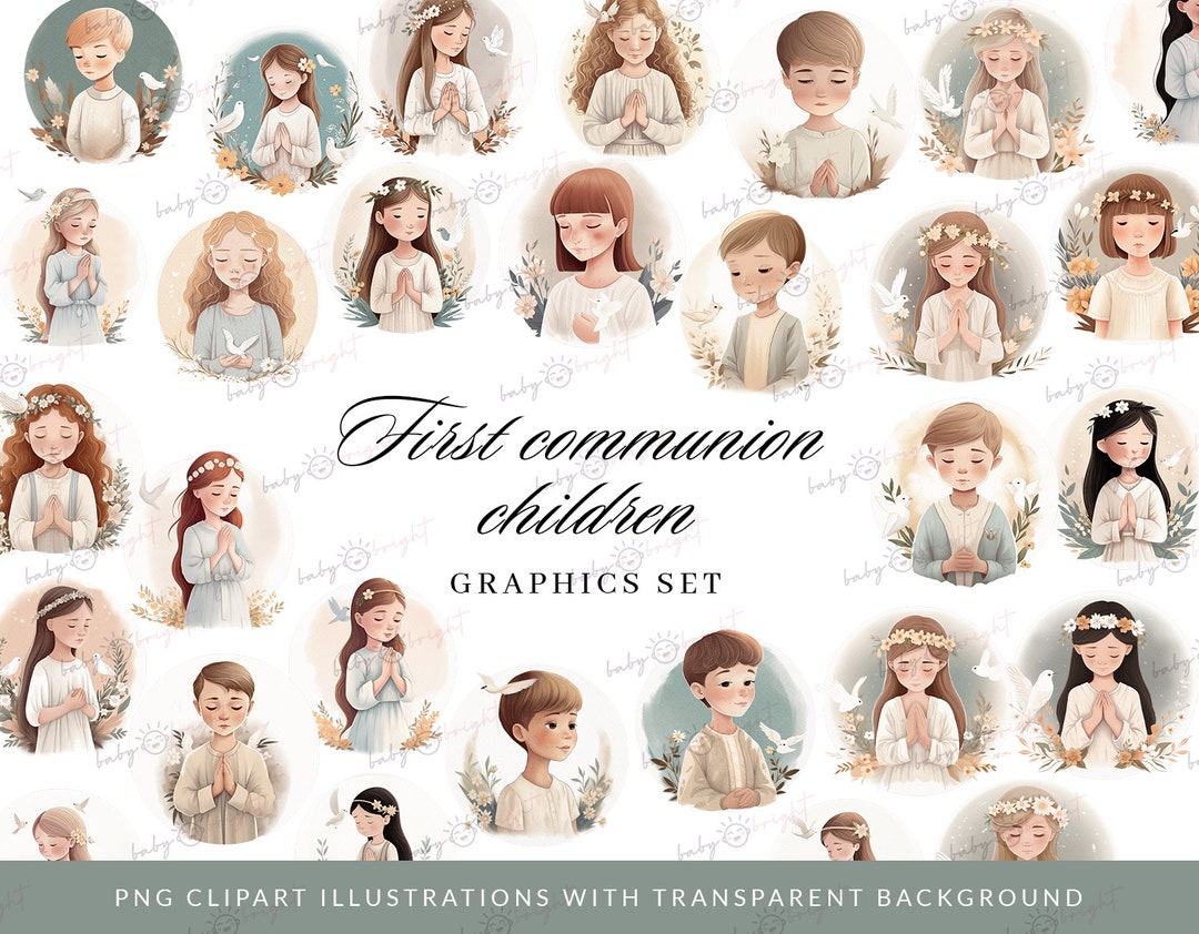 First Holy Communion Children Praying, Round Graphics, Digi Stamps A ...