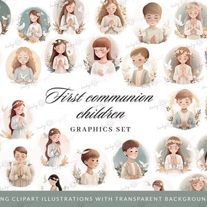 First Holy Communion Children Praying, Round Graphics, Digi Stamps A ...