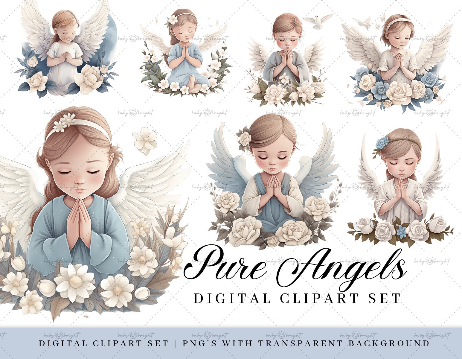 Light Blue Angels Illustration Clipart Set PNG With No Background ...