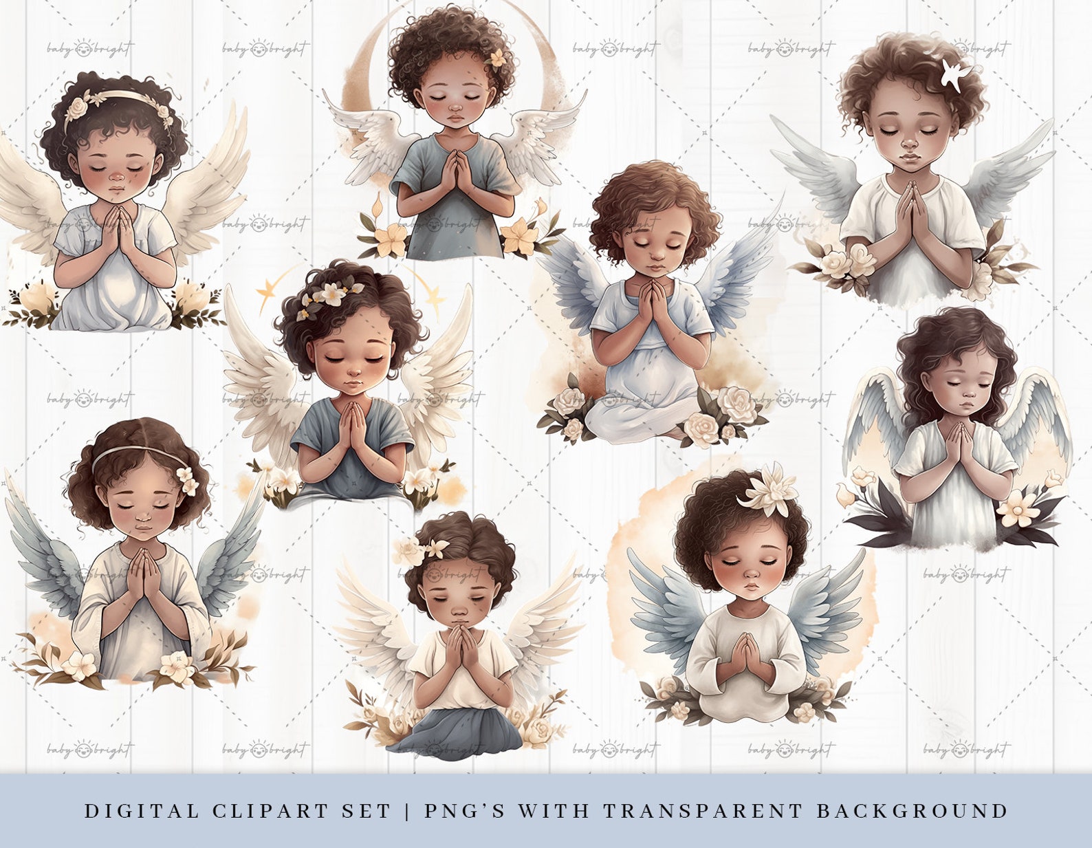 Light Blue Angels Dark Skin Illustration Clipart Set PNG With No ...