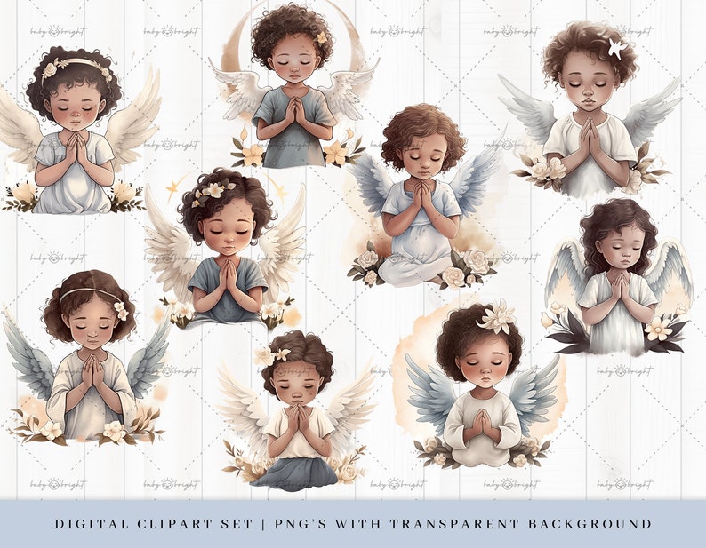 Light Blue Angels Dark Skin Illustration Clipart Set PNG With No ...