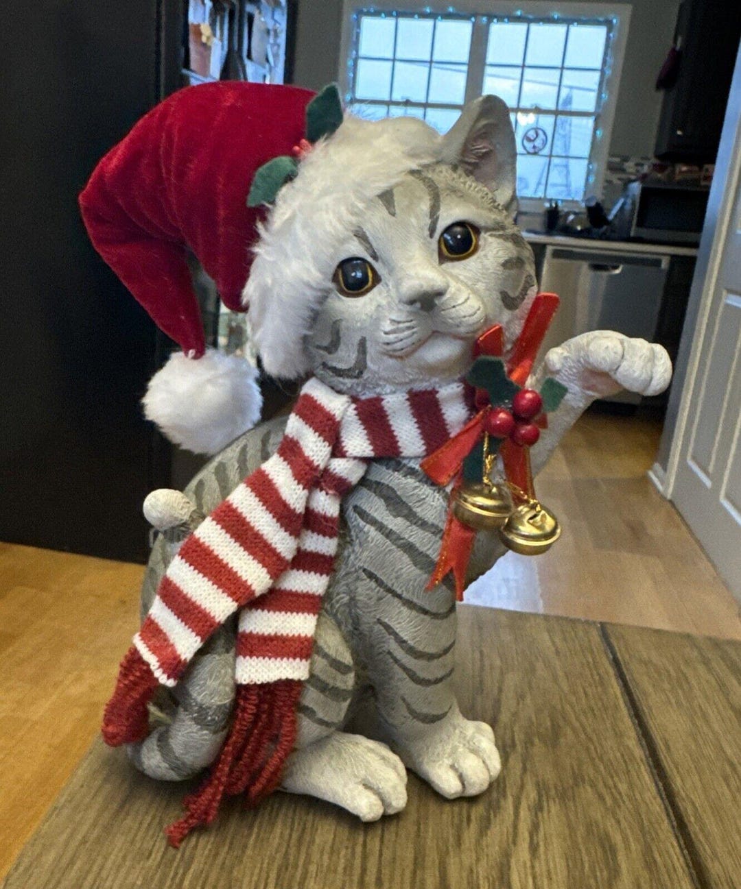 Vintage Mark Roberts Gray Tabby Cat in Santa Hat & Scarf W/bells Rare 8 ...