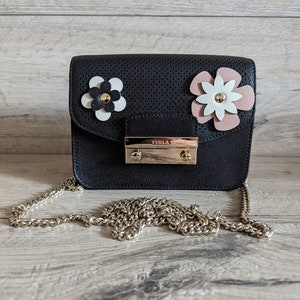 Furla Metropolis Women's Leather Mini Crossbody Bag With Flowers Black ...