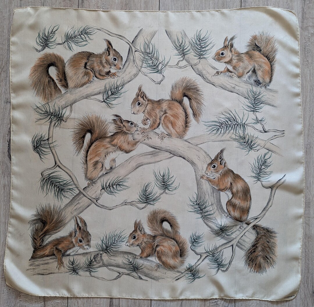 Vintage Kreier Xavier De Poret Silk Ivory Scarf With Animal Squirrel ...