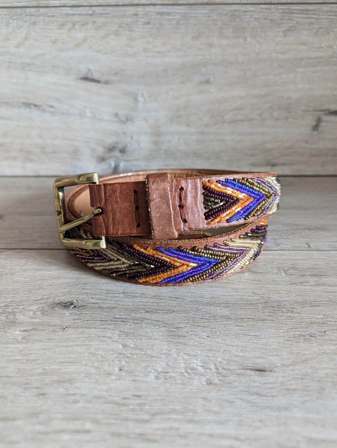 Aspiga Belt Handmade Vertical Beads Mosaic Beaded Brown Leather Size 36 ...