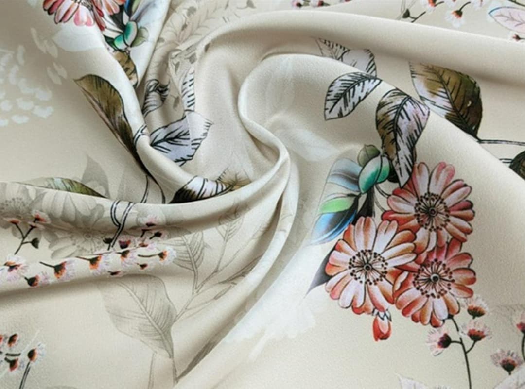 Floral Weave Silk Satin Fabric | Beige Botanical Print | Width 145 Cm ...