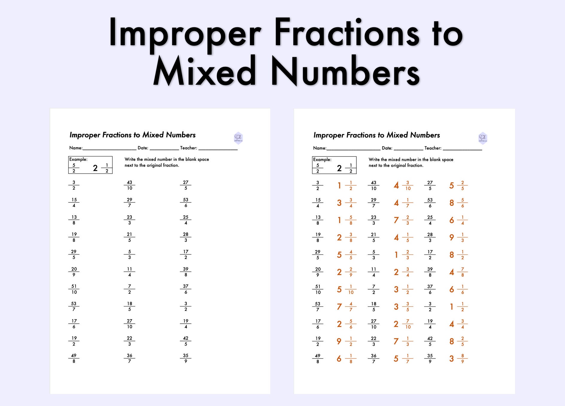 Improper Fractions To Mixed Numbers Printable Worksheet Etsy India