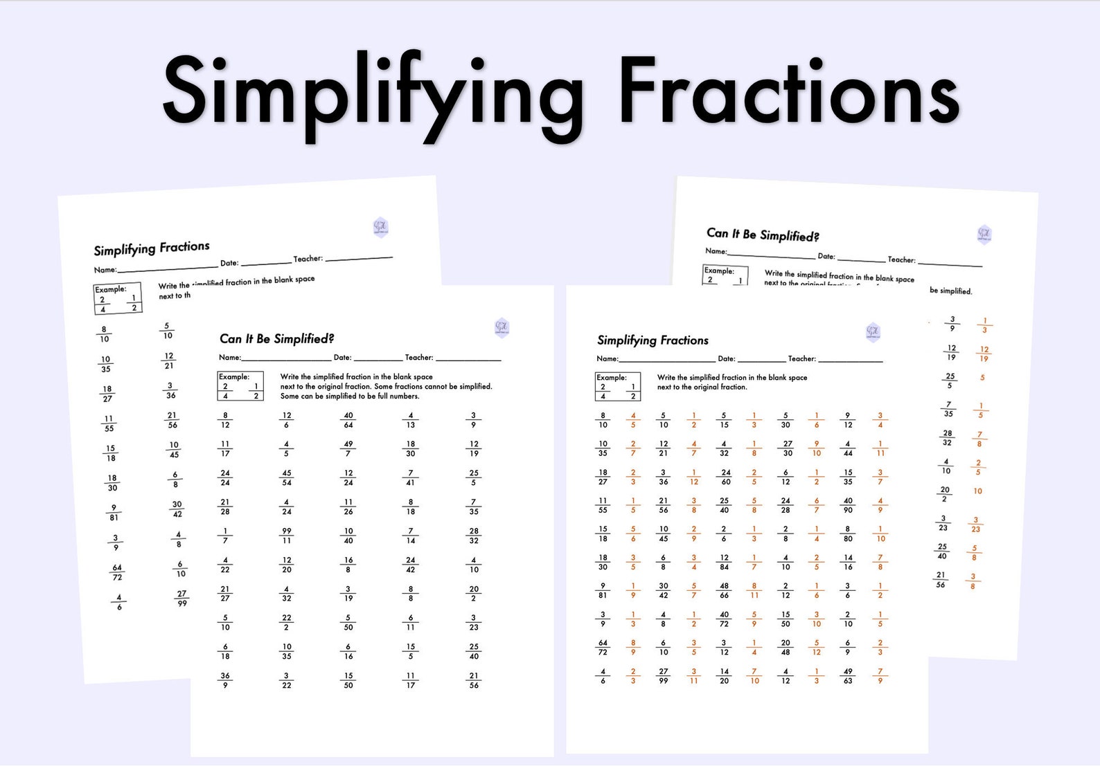 Buy Simplifying Fractions Printable Worksheet Bundle With Answer Keys ...