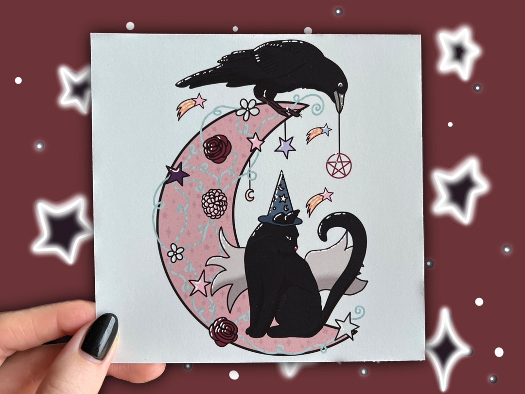 Wizard Cat & Crow 5x5 Art Print | Raven, Bird Art Print, Witchy, Gothic ...