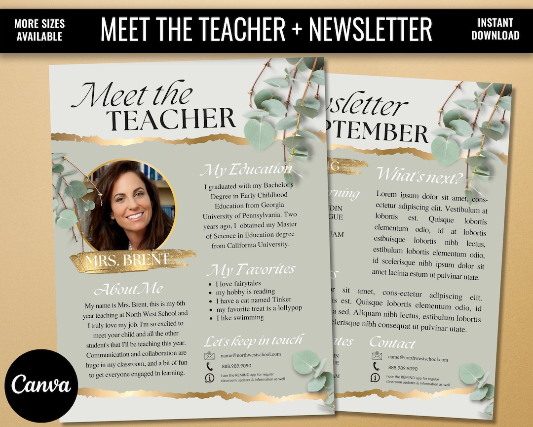 Meet the Teacher Eucalyptus and Gold Template Printable With Newsletter ...
