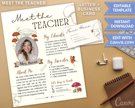 Meet The Teacher Editable Template Letter & Business Card, Mushroom ...
