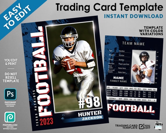 Football Trading Card Template with Stats, Sport Cards Grunge Design ...