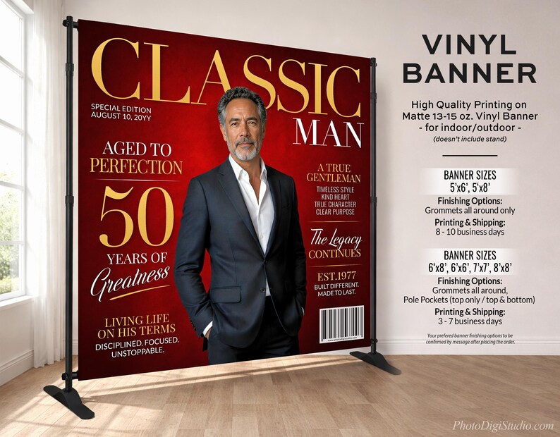 Classic Man Backdrop With Photo, Custom Birthday Magazine Backdrop for ...