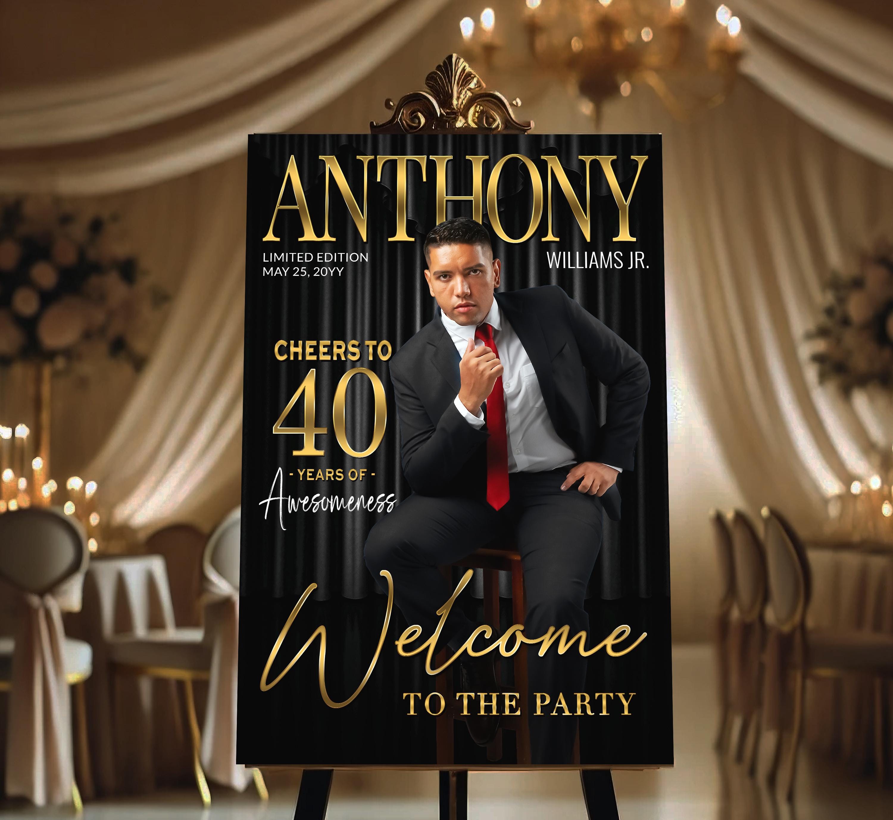 Custom Birthday Magazine Cover Backdrop With Photo, Luxury Black Gold ...