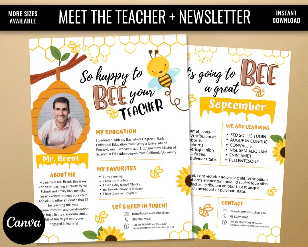 Meet the Teacher Bee Theme, Cute Newsletter Template Preschool, Neutral ...