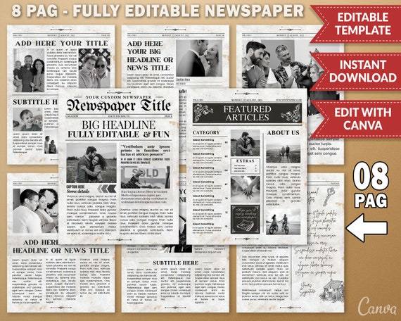 Full Newspaper Template Download 8 Pages Editable On Canva Vintage 