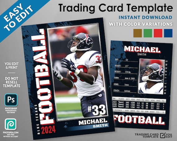 Pro Football Trading Card Template with Stats and Color Variations, Pro ...