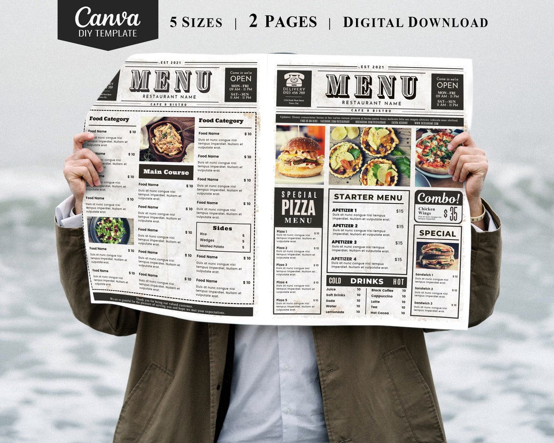 Retro Fast Food Menu Template customizable 2-page Newspaper Menu Layout ...