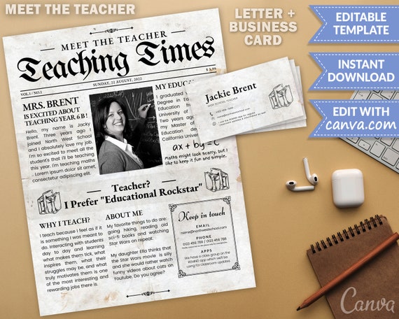 Meet The Teacher Editable Template Letter & Business Card, Vintage ...