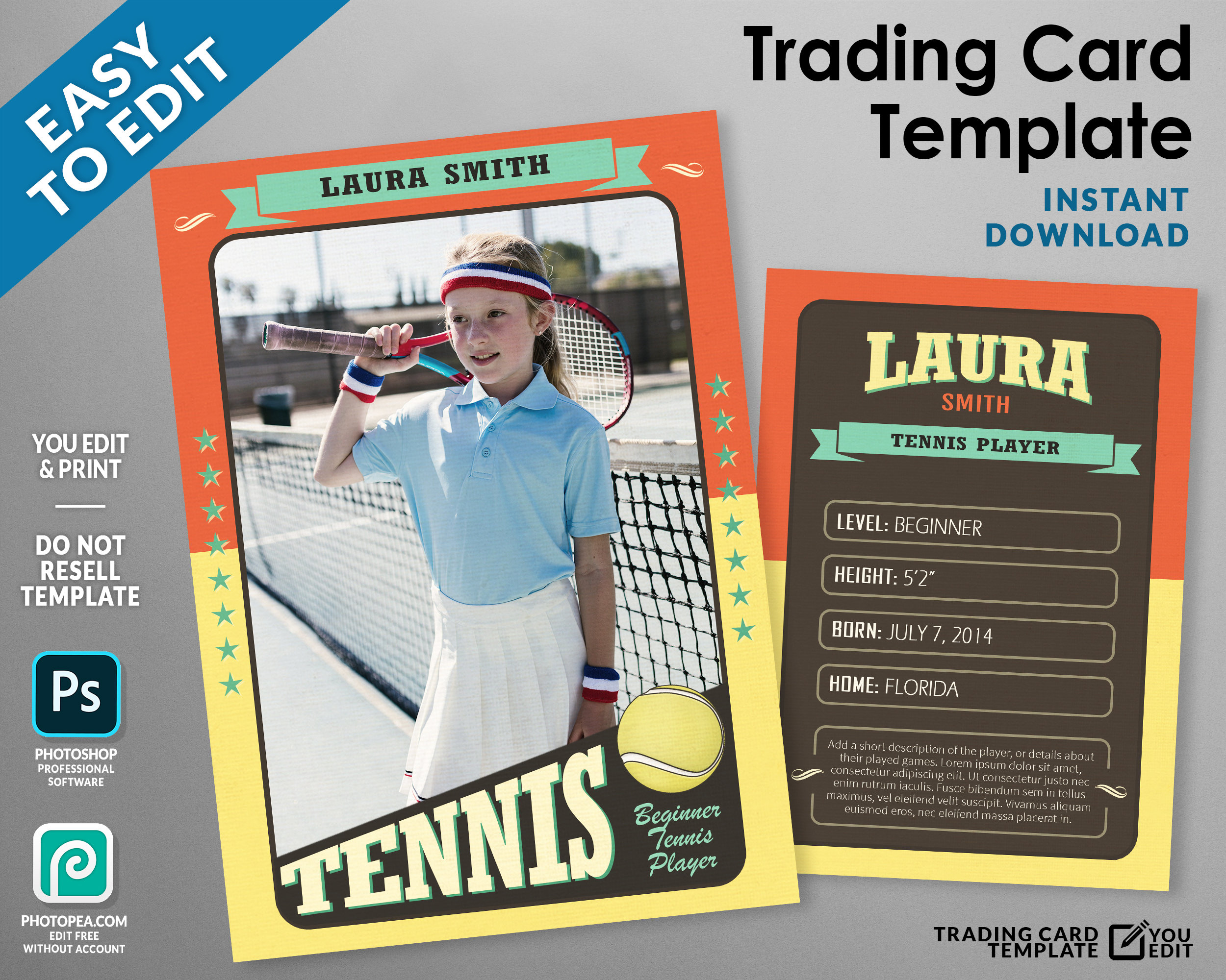 Retro Tennis Trading Card Template Tennis Card Template DIY - Etsy