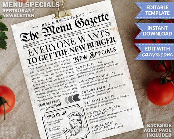 Newsletter for Restaurant Bar Menu Template, Monthly or Weekly Menu ...