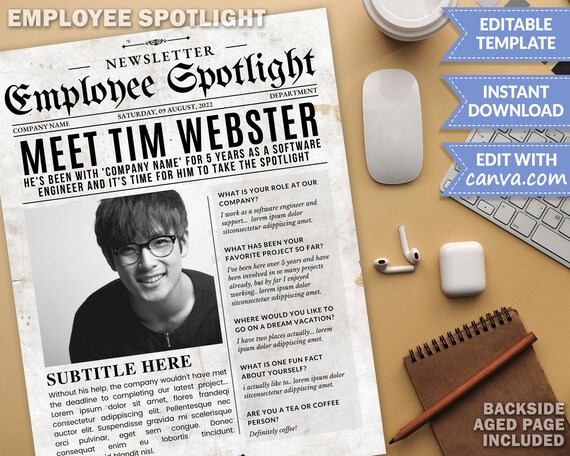 Employee Spotlight Newsletter Template, Printable Employee of the Month ...