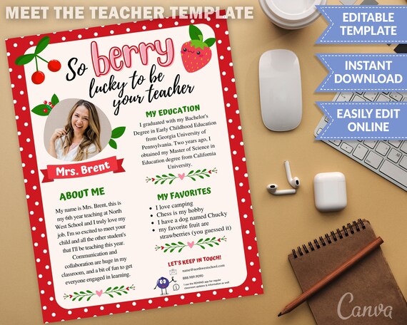 Meet The Teacher Editable Template, Neutral Berry Lucky Theme, Back to ...