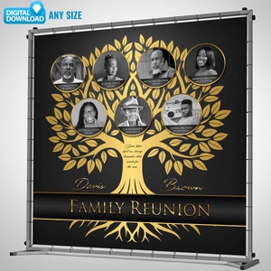 Family Reunion Backdrop With Photos, Black Gold Backdrop Our Roots Run ...