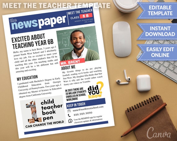Meet The Teacher Template, Editable Neutral Modern Newspaper Theme ...