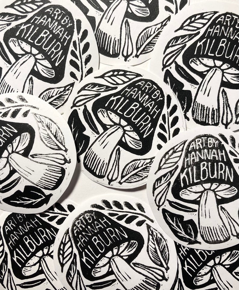 Logo Linocut Sticker Mushrooms and Leaves Pattern - Etsy