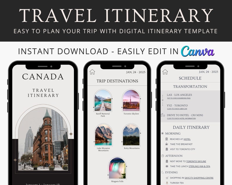 Travel Itinerary for Toronto Canada Editable on Free Canva Account ...