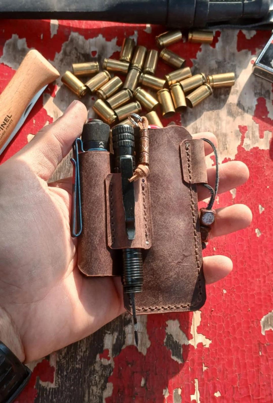 Flashlight and Knife Leather EDC Organizer, Olight, Victorinox Sheath ...