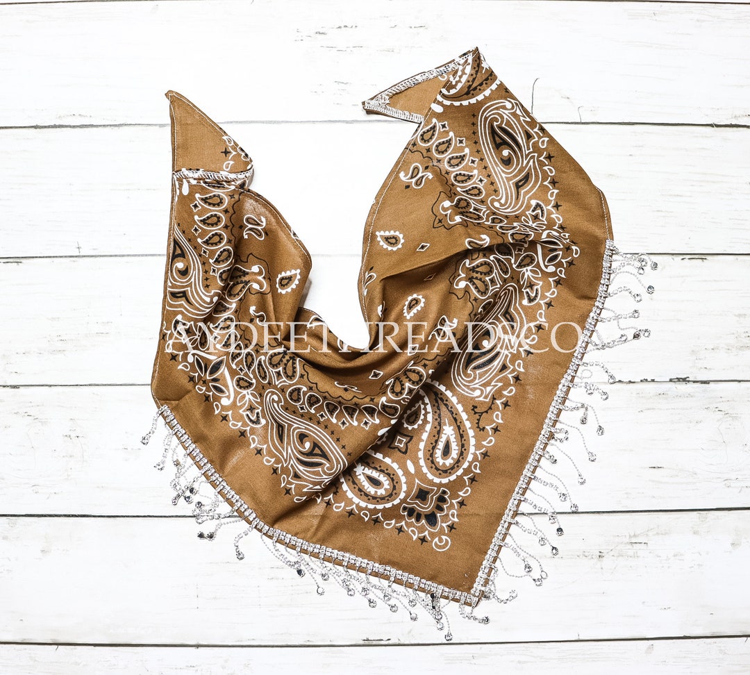 Elegant Tan Brown Paisley Bandana With Rhinestone Fringe - Stylish ...