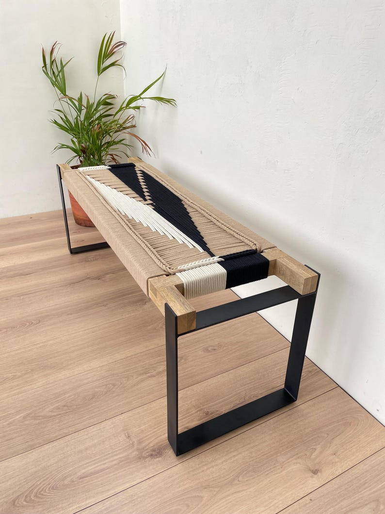 Hand Woven Bench • Mid Century Woven Bench • Modern Entryway Bench ...