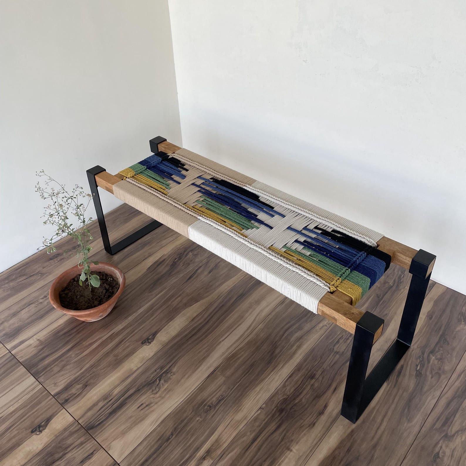 Hand Woven Bench • Mid Century Woven Bench • Modern Entryway Bench ...