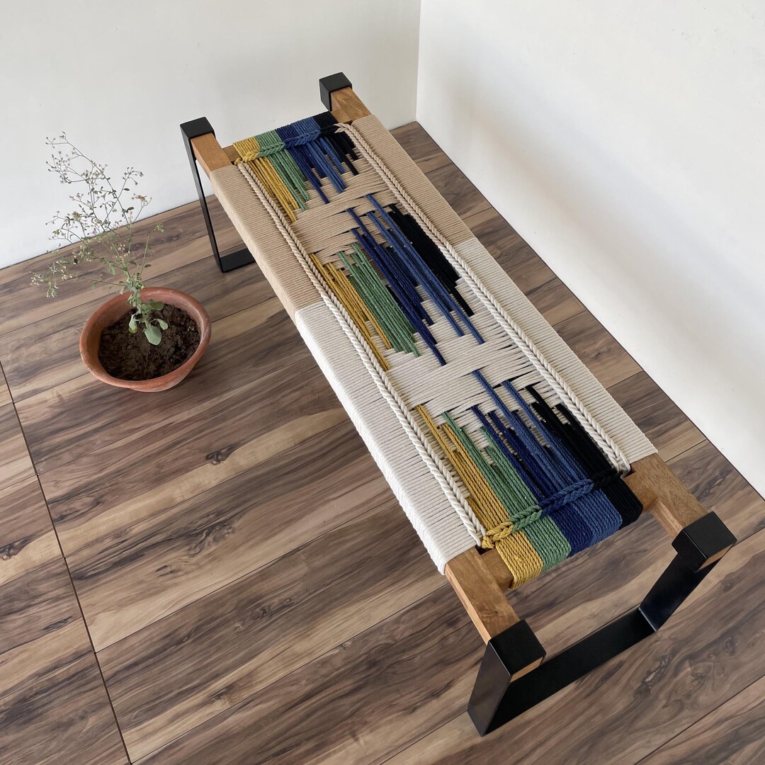 Hand Woven Bench • Mid Century Woven Bench • Modern Entryway Bench ...