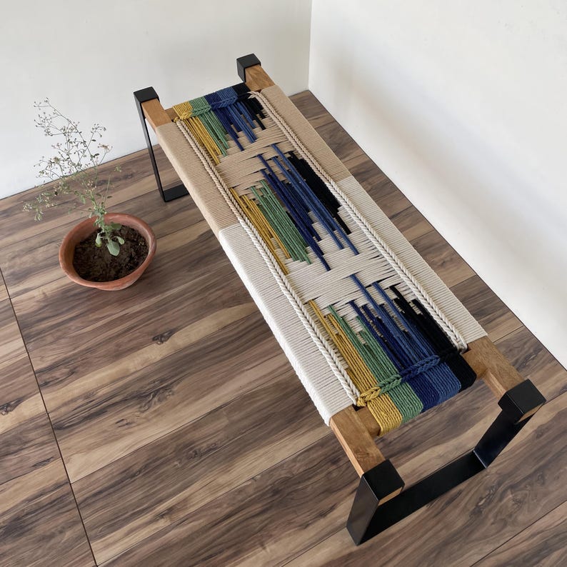 Hand Woven Bench • Mid Century Woven Bench • Modern Entryway Bench ...