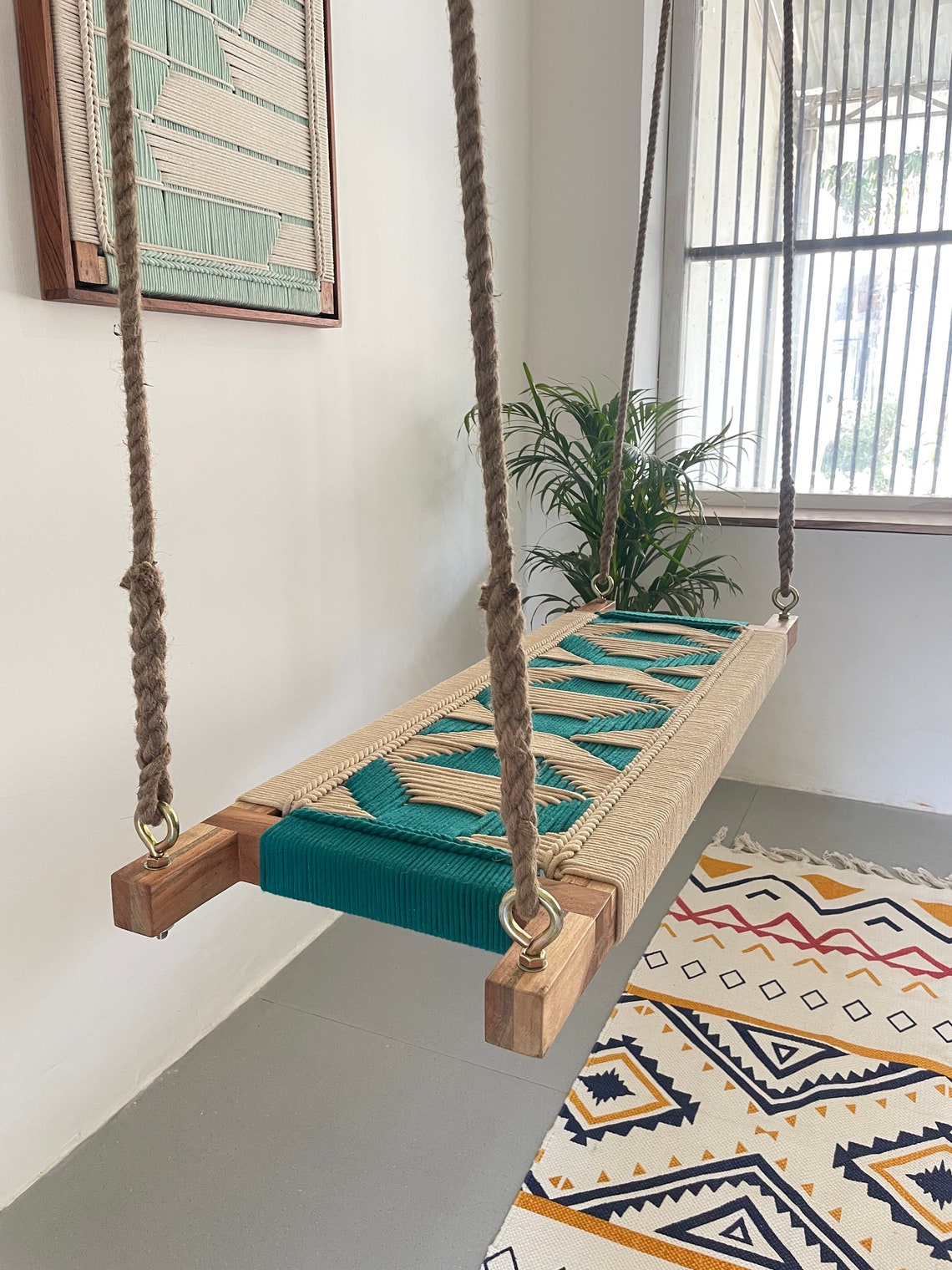 Hand Woven Tree Swing, Boho Wooden Indoor Outdoor Adults Tree Swing ...