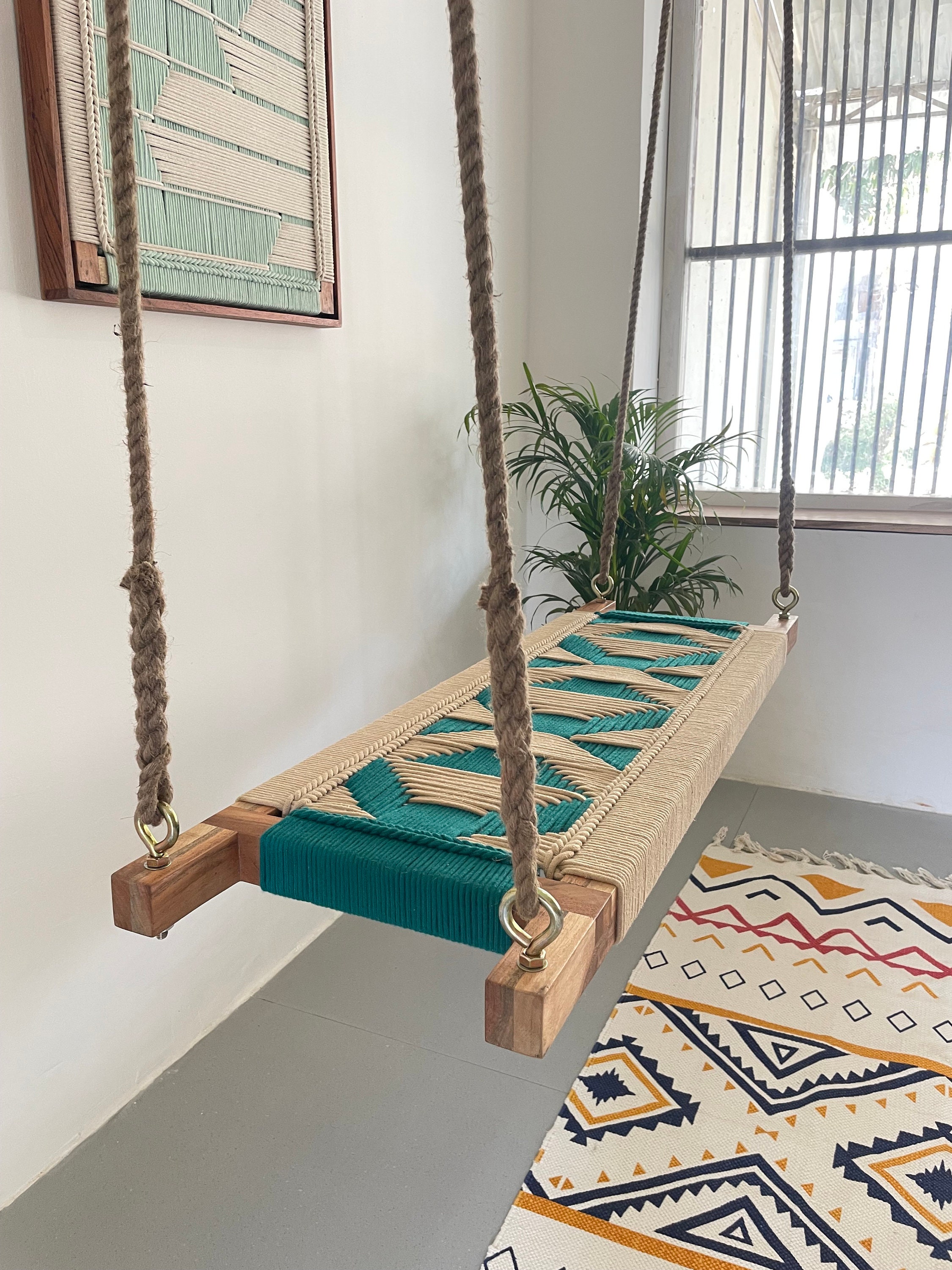 Hand Woven Tree Swing, Boho Wooden Indoor Outdoor Adults Tree Swing ...