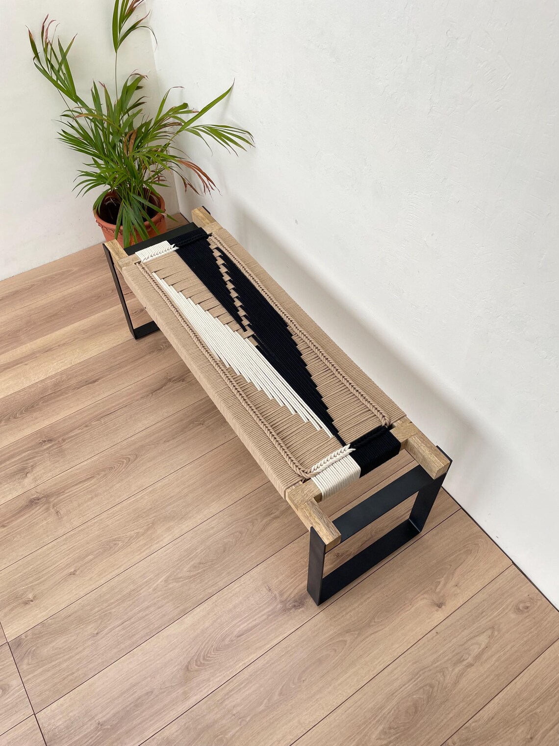 Hand Woven Bench • Mid Century Woven Bench • Modern Entryway Bench ...