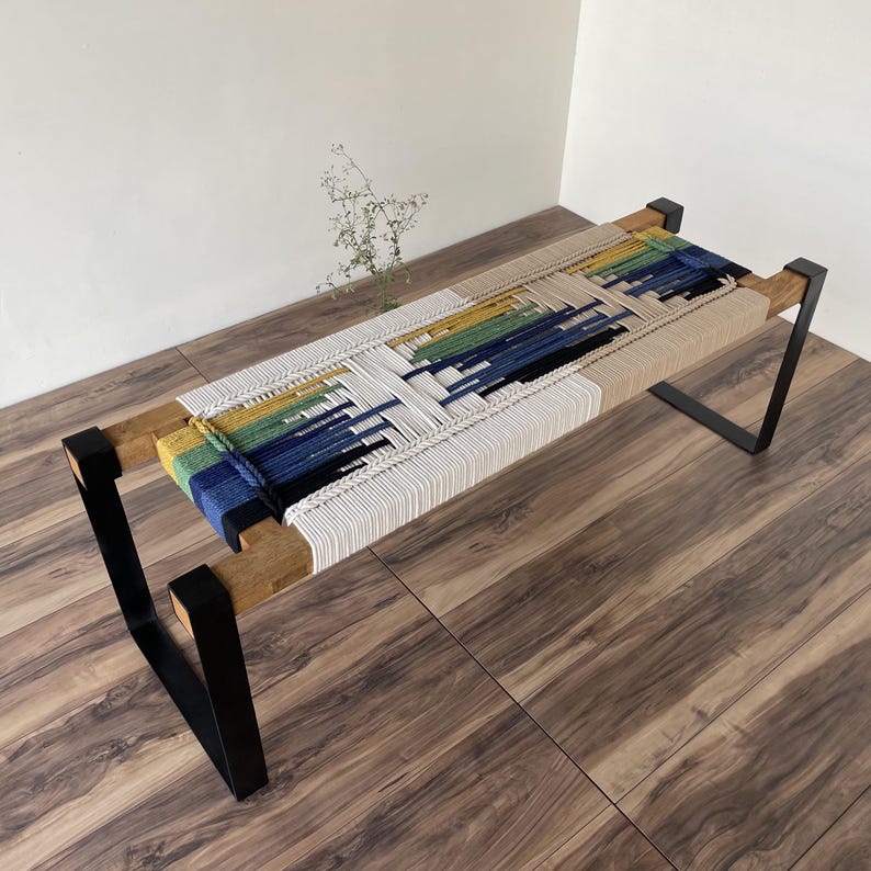 Hand Woven Bench • Mid Century Woven Bench • Modern Entryway Bench ...