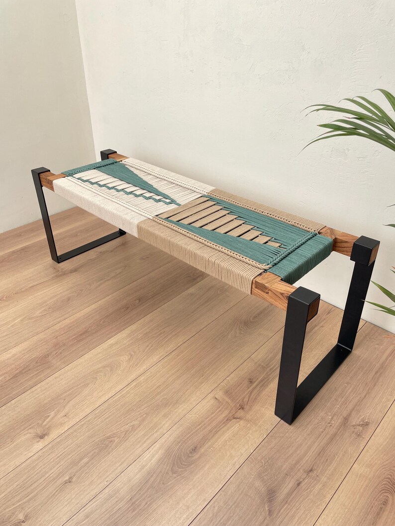 Hand Woven Bench • Mid Century Woven Bench • Modern Entryway Bench ...