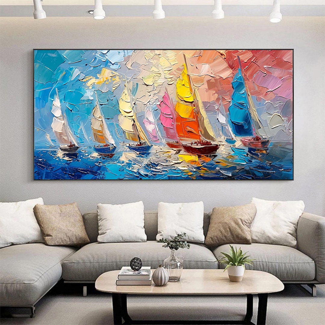 Original 3D Sailing Boat Oil Painting on Canvas, Vibrant Colorful ...