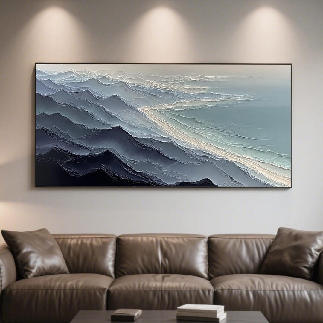 Large Original Beach Oil Painting on Canvas, Abstract Blue Ocean Wall ...