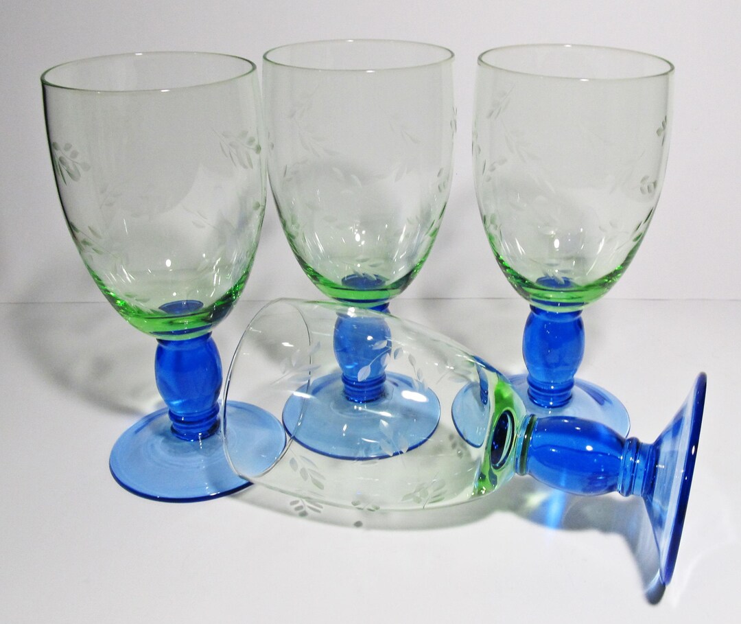 4 Pfaltzgraff Summer Breeze Iced Tea Set Floral Etched Green Blue ...