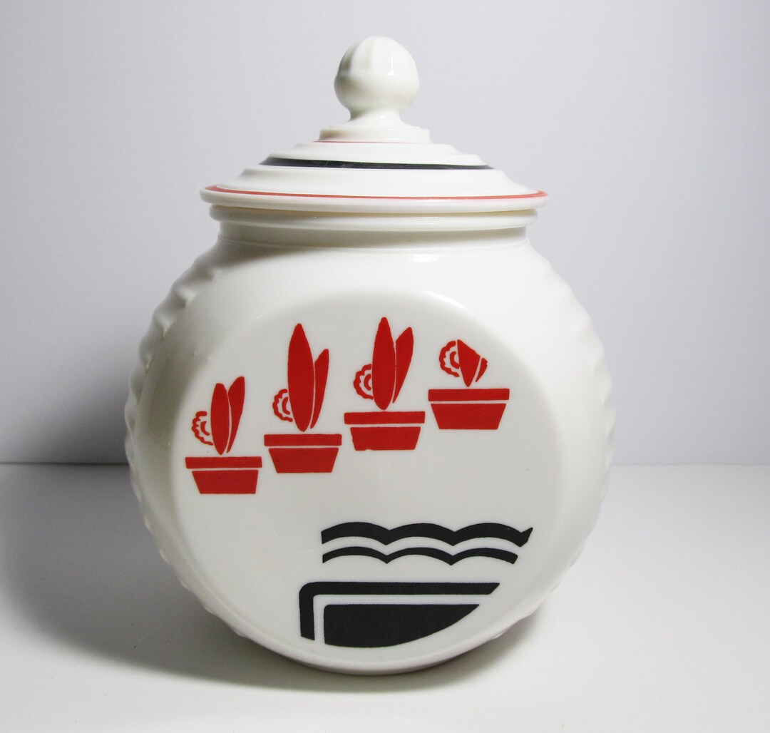 Vintage 40s Anchor Hocking Vitrock Glass Red Flower Pot Black Line ...